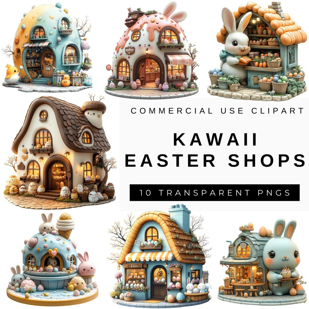 Kawaii Easter Shops Clipart, Cute Bunny, Nursery Decor, Cards Making ...