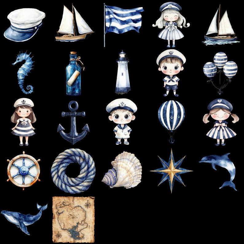 Watercolor Nautical Clipart: Sailor, Lighthouse, & Boat PNG (digital ...