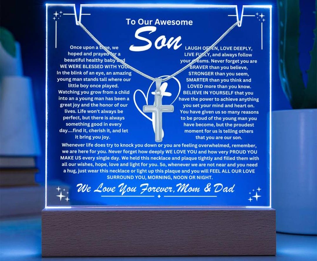 Personalized to Son Keepsake | Acrylic Plaque With Necklace, LED Lights ...