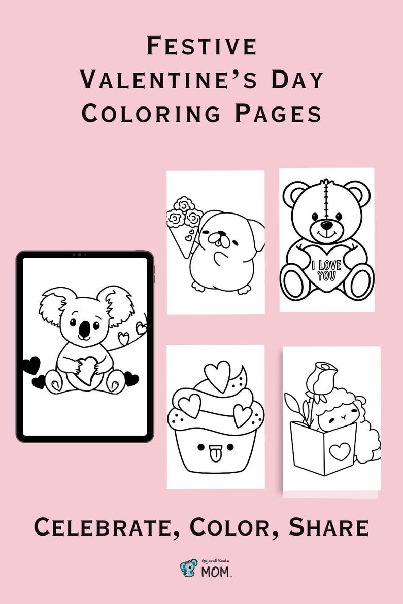 Valentines Day Coloring Pages for Kids, Instant Download, Animal ...