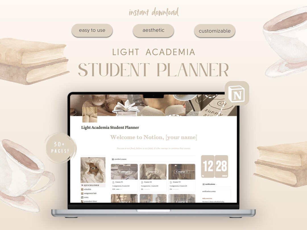 Notion Student Planner | Light Academia, Notion Template, School ...