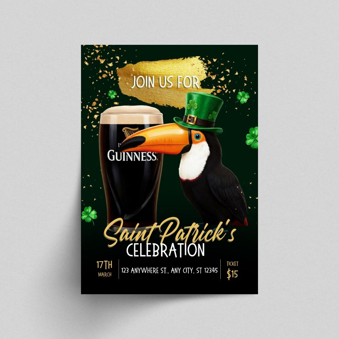 Editable Guinness Toucan St. Patrick's Day Party Flyer (digital ...