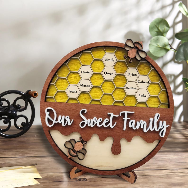 Custom Bee Hive Family Tree Plaque, Personalized Wooden Honeycomb Sign ...