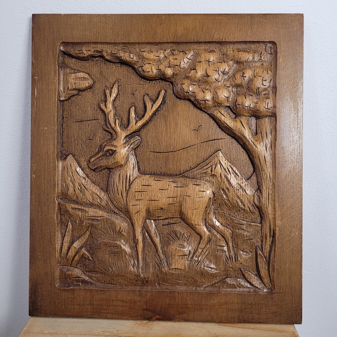 Vintage Wood Hand Carved Decor Plaque Wall Hanger Deer Mount Country ...