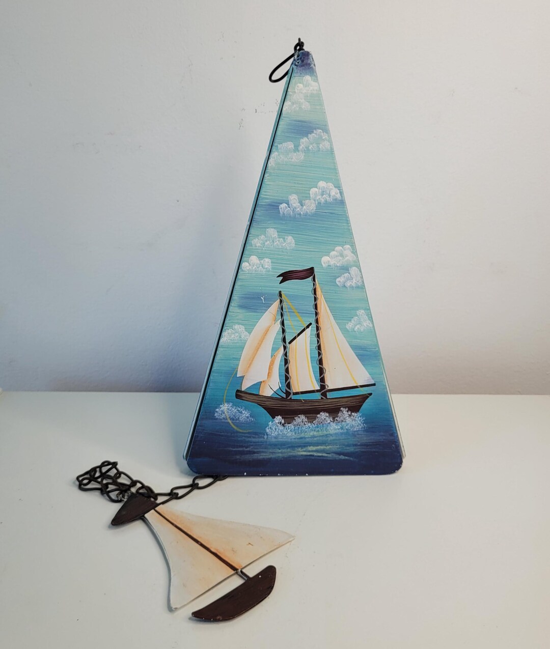 Vintage Hand Painted Metal Wind Chime Nautical Sailboat Triangular 3 ...