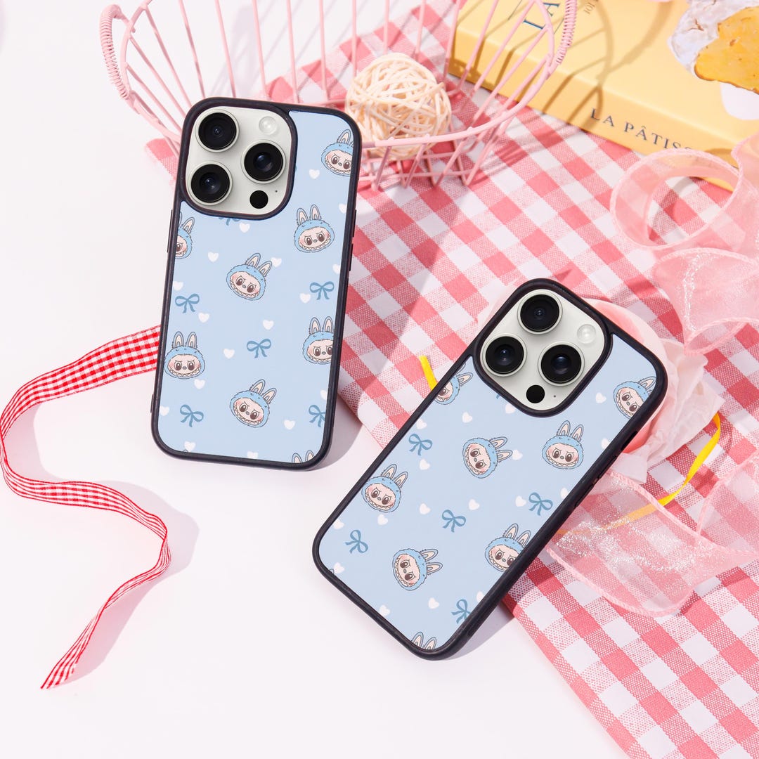 Blue Cute Labubu Pattern Personalised Phone Case for iPhone 16 15 14 13 ...