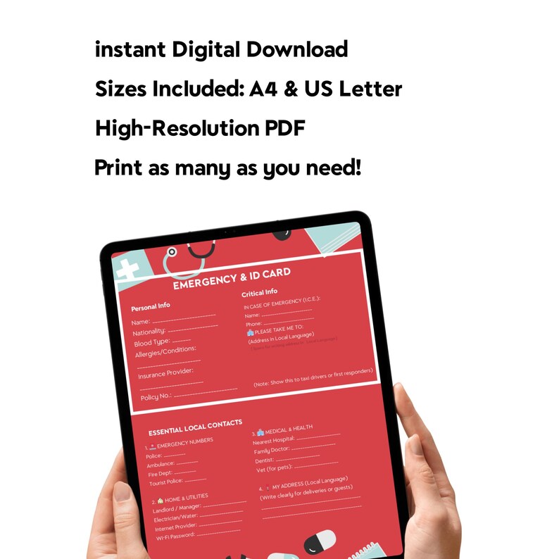 Expat Emergency Card Printable | Travel Safety, Medical ID (digital ...