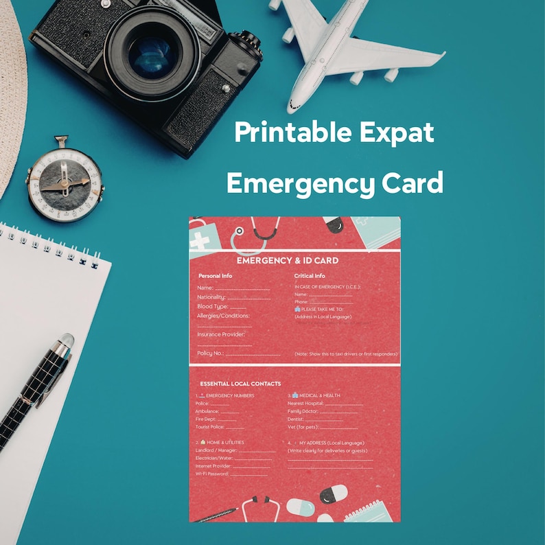 Expat Emergency Card Printable | Travel Safety, Medical ID (digital ...