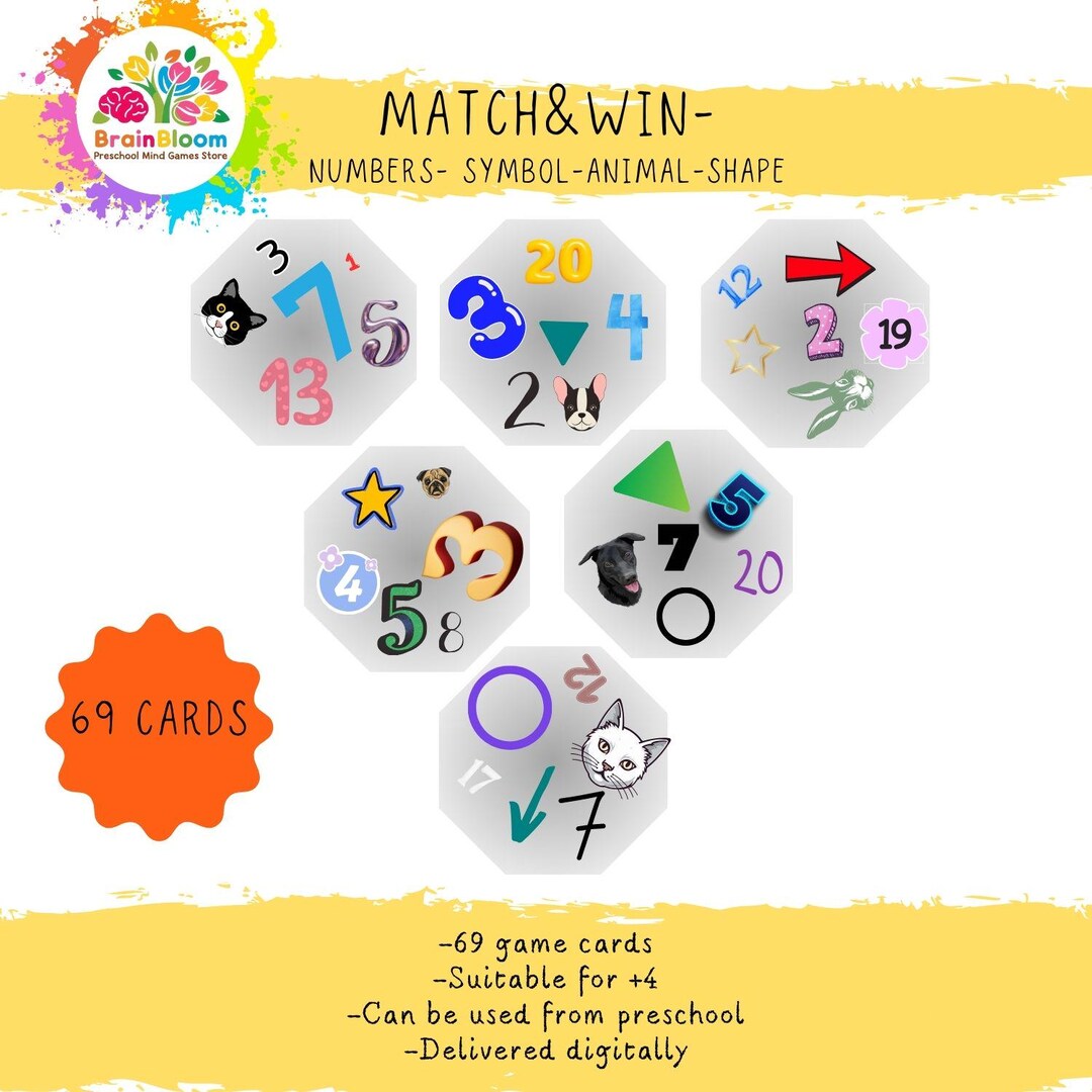 Printable Card Game: Match & Win Number, Animal, Symbol and Shape for ...