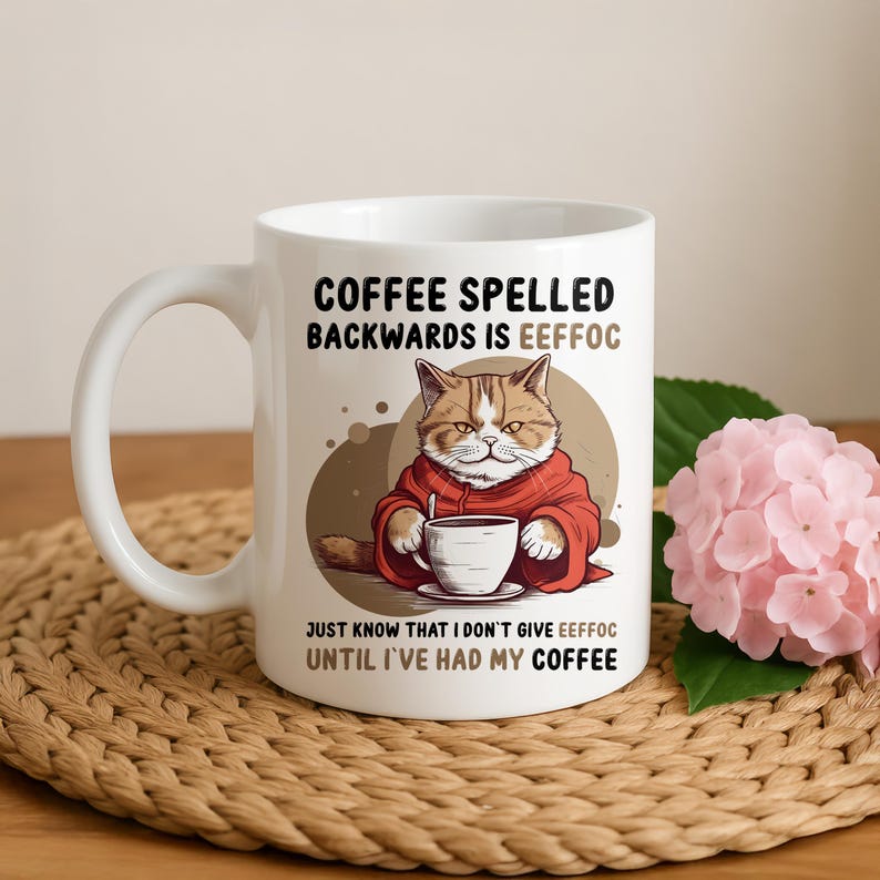 Coffee Spelled Backwards is Eeffoc Cup, Funny Cat Coffee Mug, Cute Pet ...