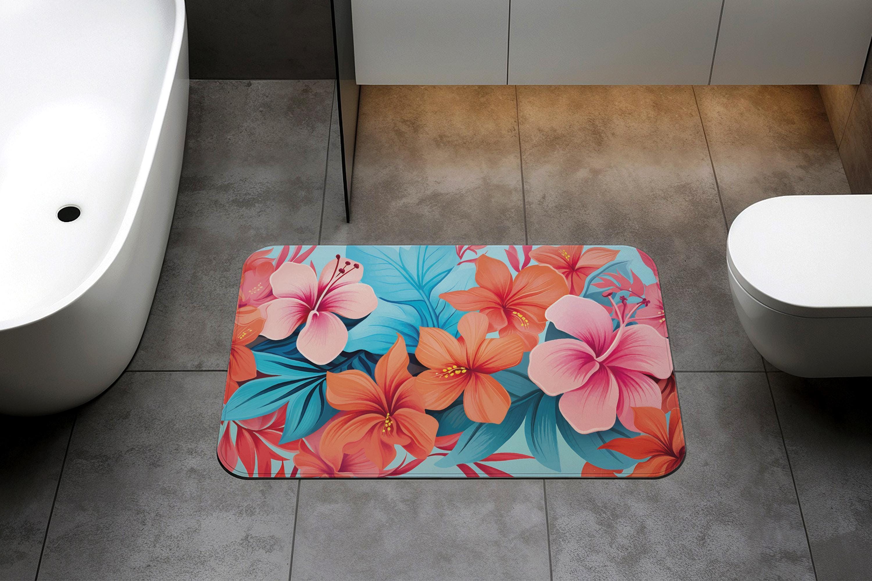 Hibiscus Flower Design Bath Mat, Floral Bathroom Rug, Summer Vibe ...