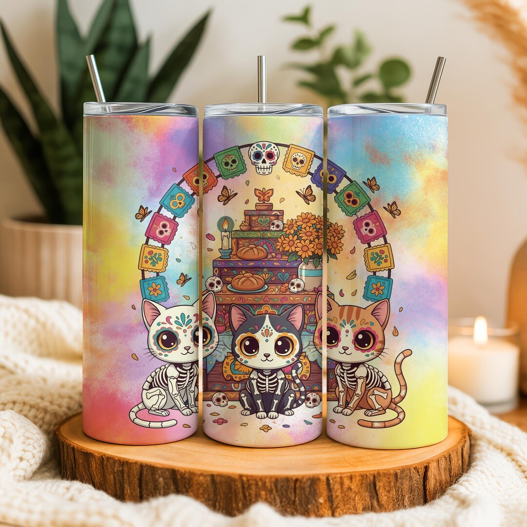 Sugar Skull Cat Tumbler, Día De Muertos Kitty Skinny Tumblers, Calavera ...