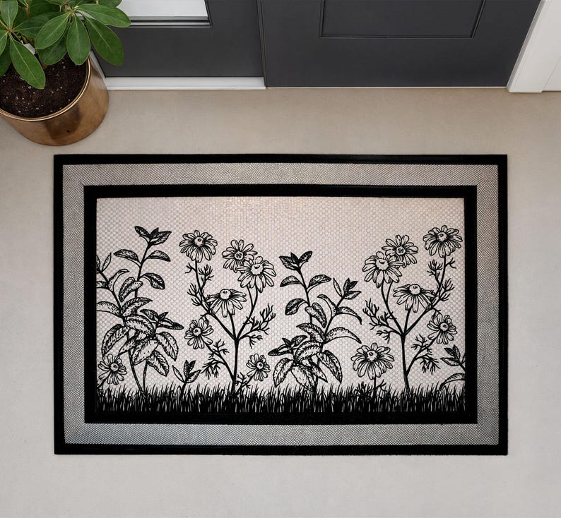 Black and White Daisy Welcome Mat, Wildflower Garden Doormat, Elegant ...