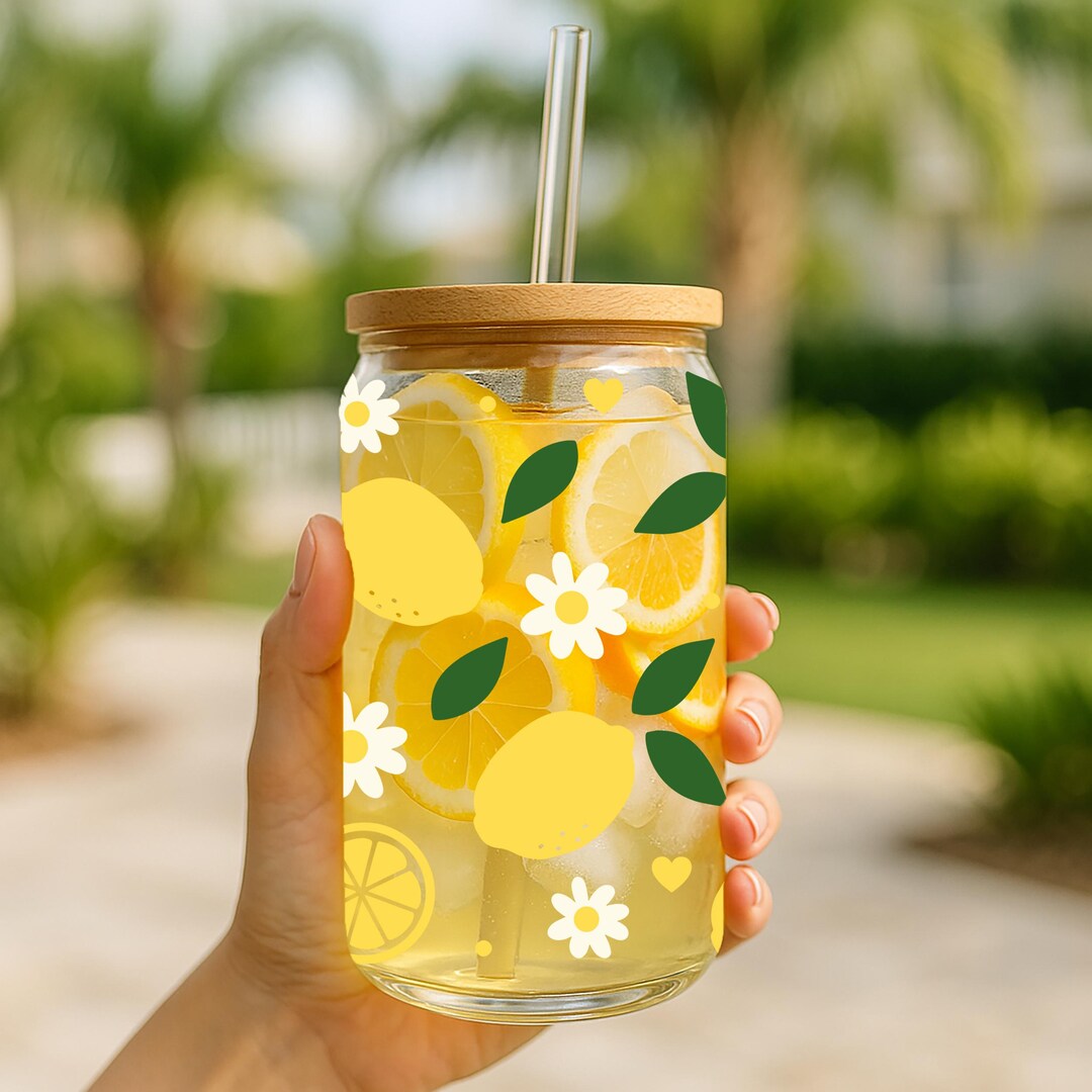 Lemon and Daisy Pattern Summer Drinks Glass Cup, Vibrant Color Lemonade ...
