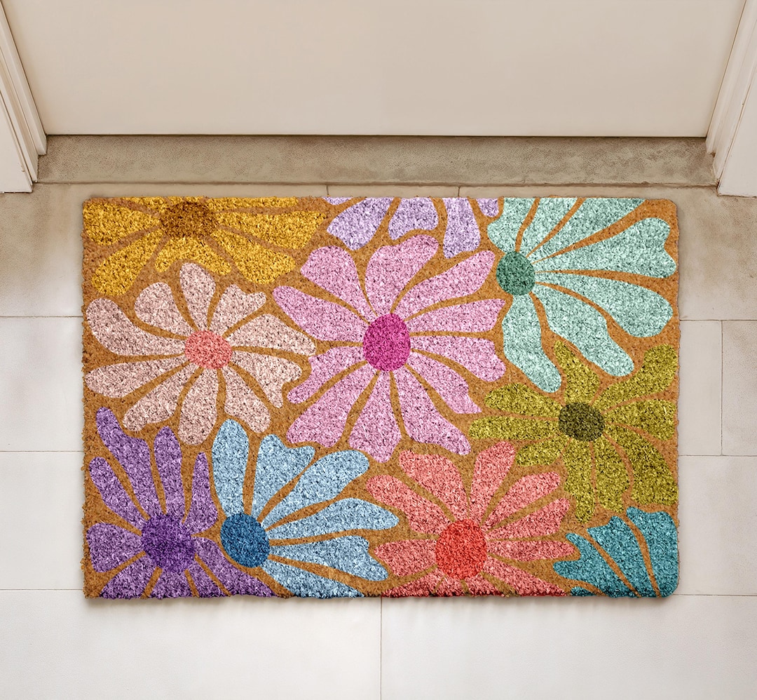 Retro Flower Coco Doormat, Colorful Daisy Welcome Mat, Cute Floral Home ...