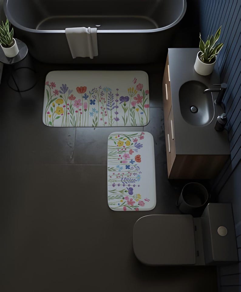 Watercolor Wildflower Bath Mat, Cottagecore Floral Bathroom Rug, Bright ...