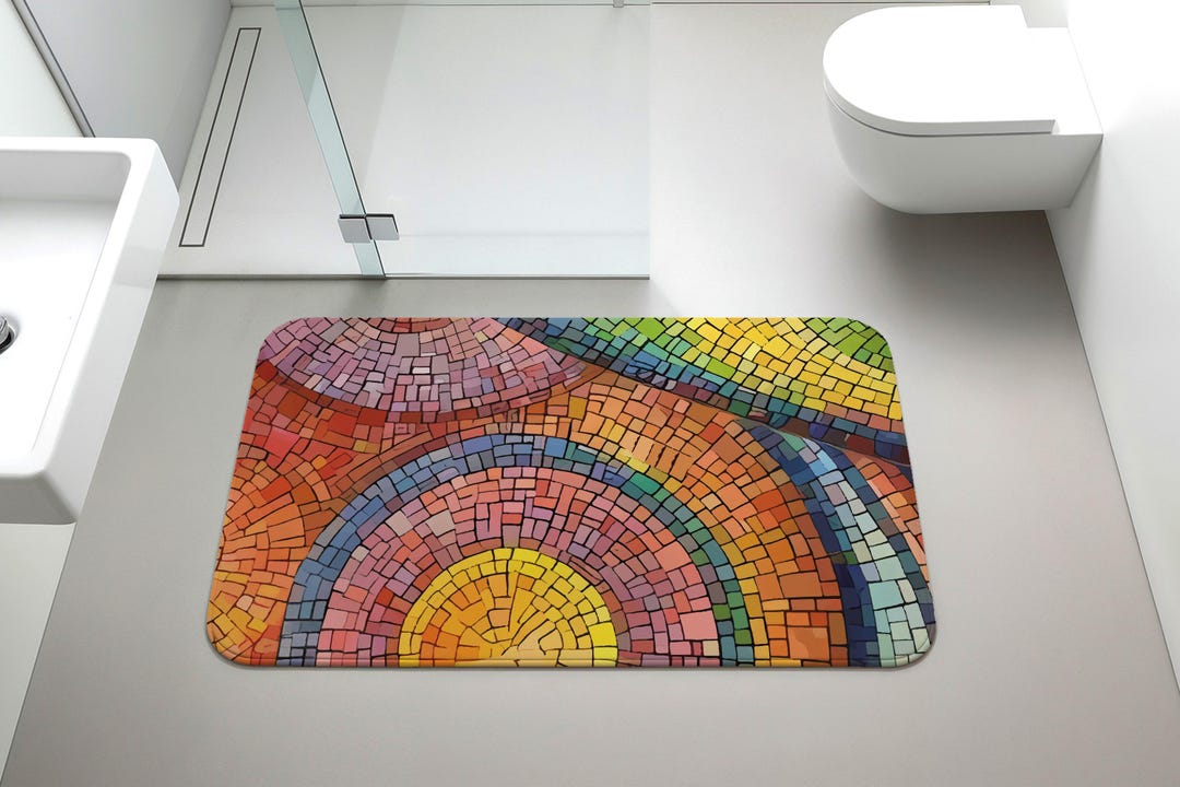 Abstract Rainbow Mosaic Design Bath Mat, Stained Glass Art Bathroom Rug ...