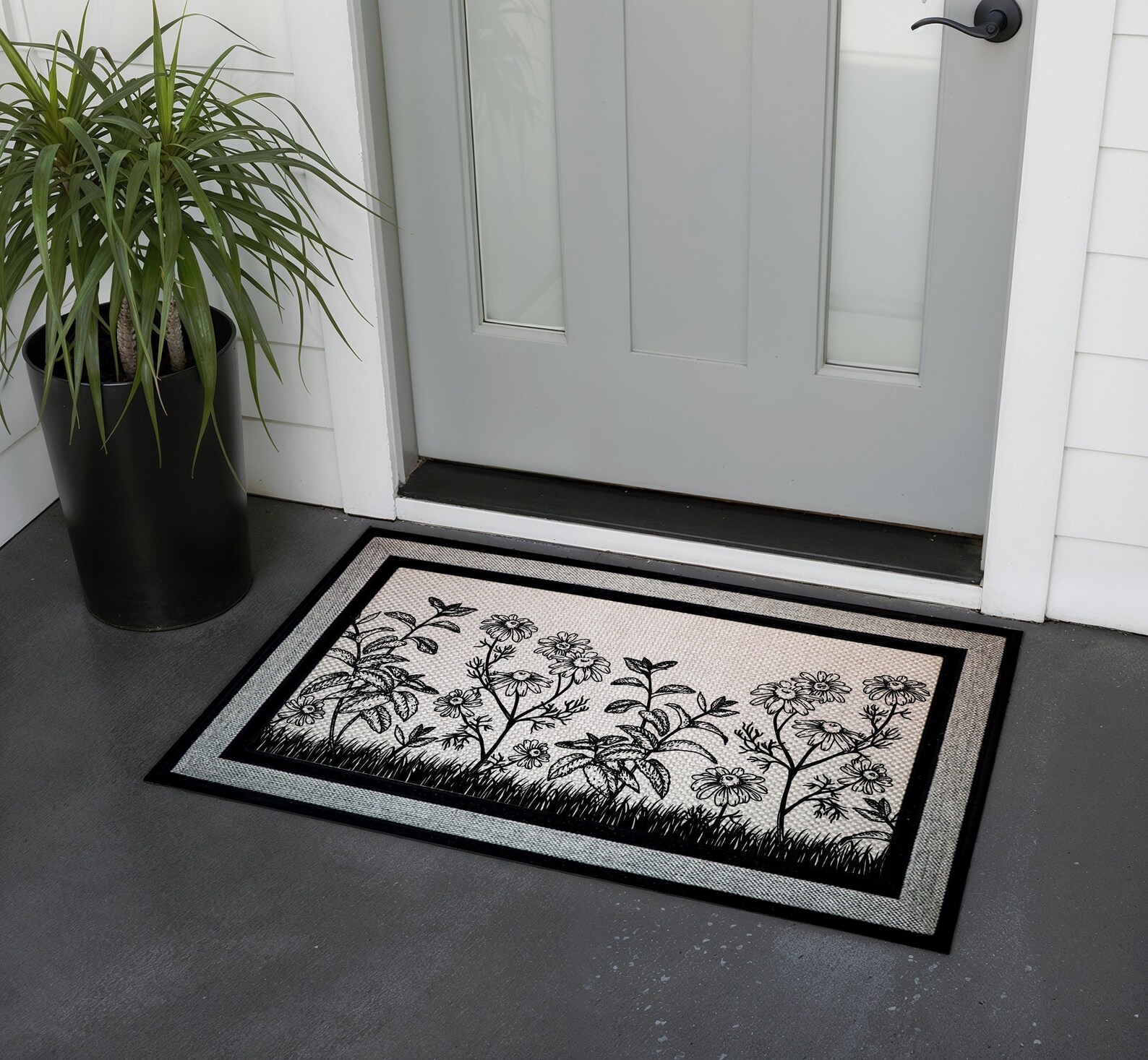 Black and White Daisy Welcome Mat, Wildflower Garden Doormat, Elegant ...