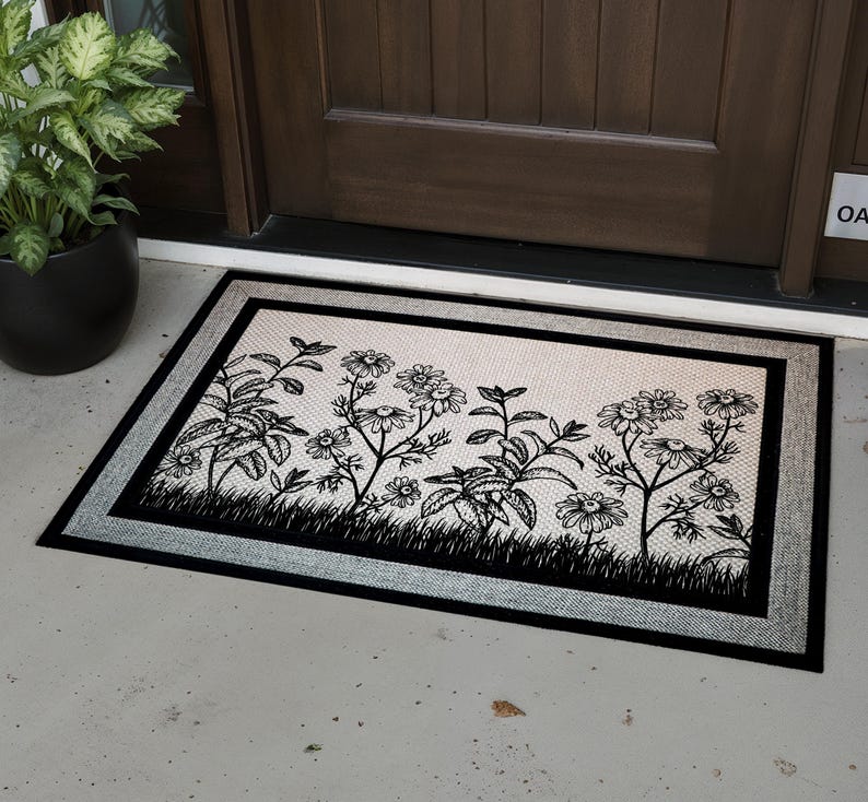 Black and White Daisy Welcome Mat, Wildflower Garden Doormat, Elegant ...