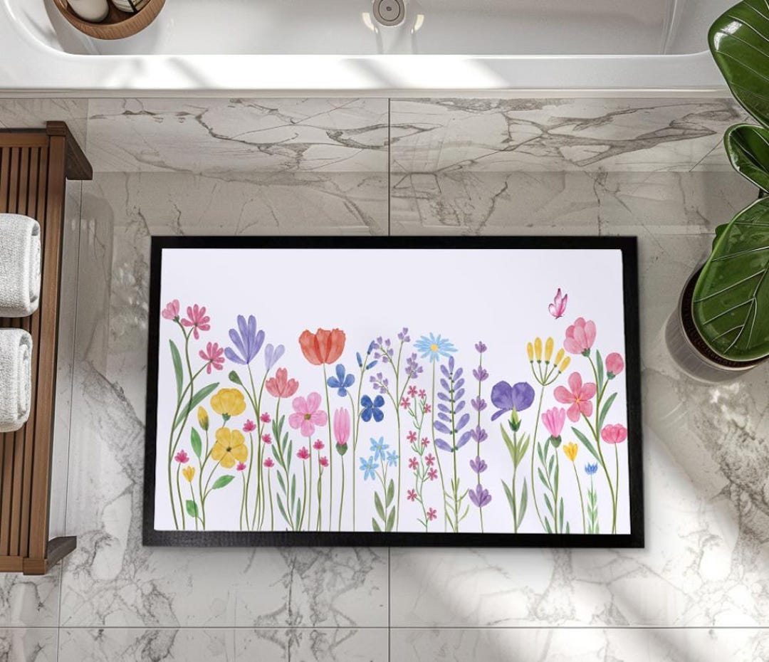 Whimsical Wildflower Bath Mat, Colorful Floral Bathroom Decor, Boho ...