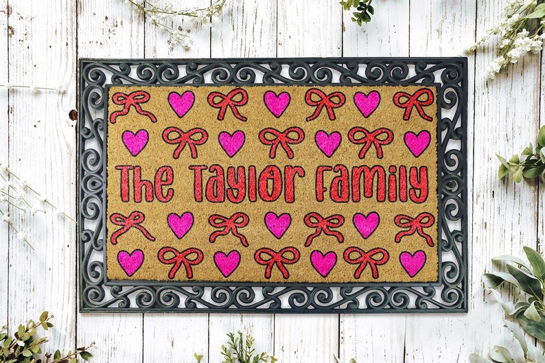 Personalized Family Hearts & Bows Doormat, Cute Pink Bows Welcome Mat ...