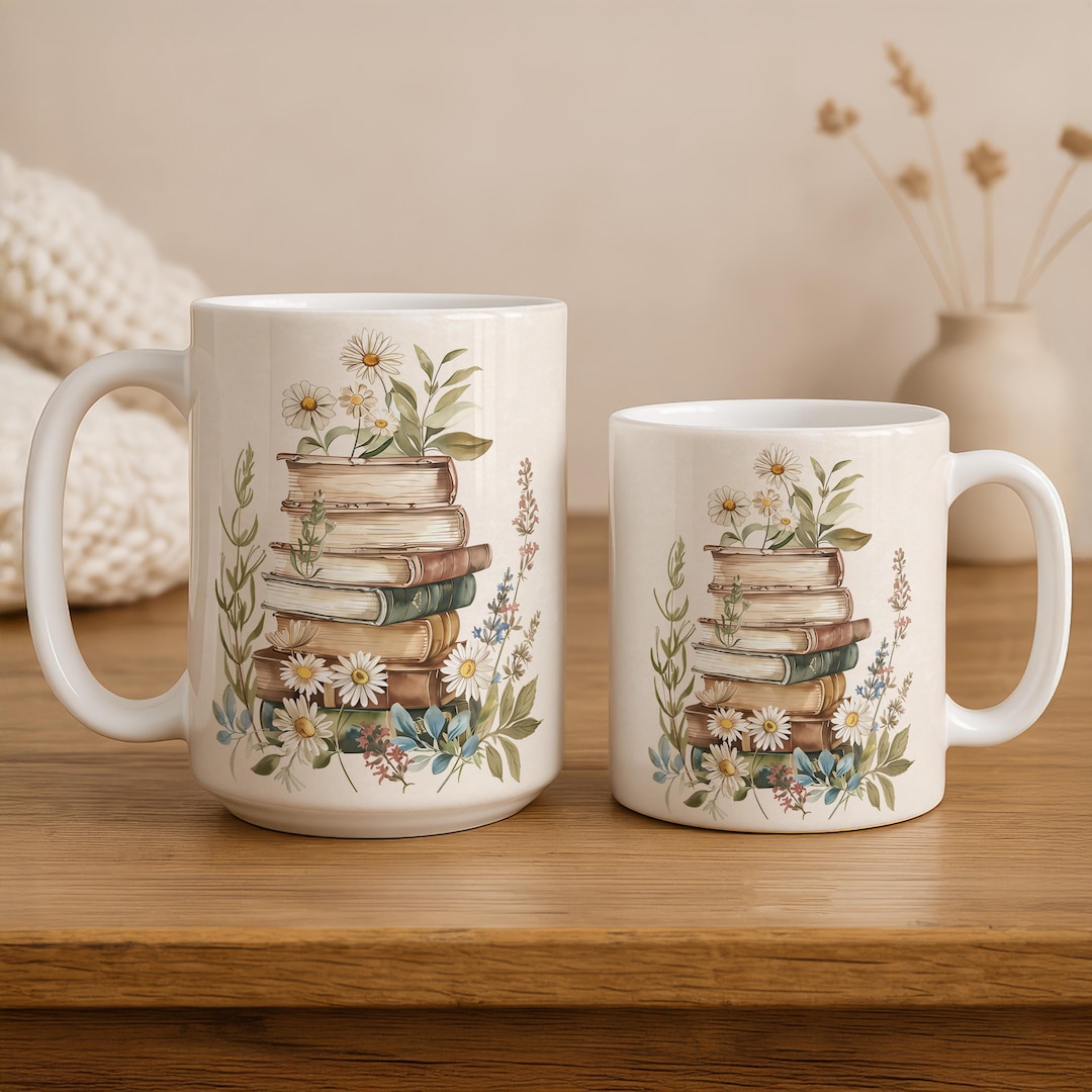 Vintage Looking Book Enthusiast Gift Coffee Cup, Daisy Flowers Book ...