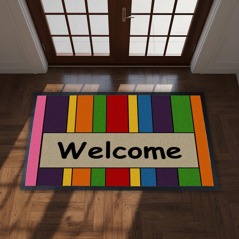Rainbow Striped Welcome Doormat, Colorful Stripes Entryway Mat, Modern ...