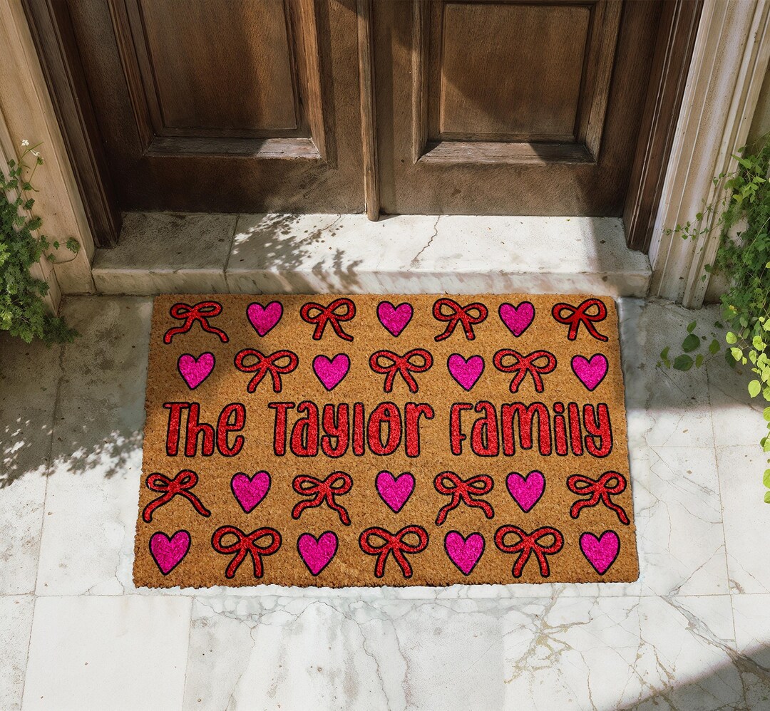 Personalized Family Hearts & Bows Doormat, Cute Pink Bows Welcome Mat ...