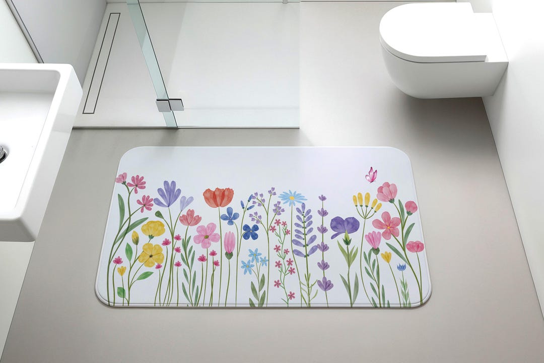 Watercolor Wildflower Bath Mat, Cottagecore Floral Bathroom Rug, Bright ...