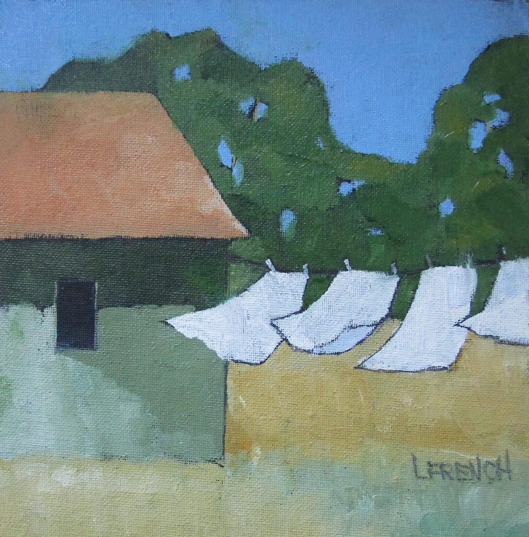 COTTAGE CLOTHESLINE Art Lynne French California Oil Painting Landscape ...