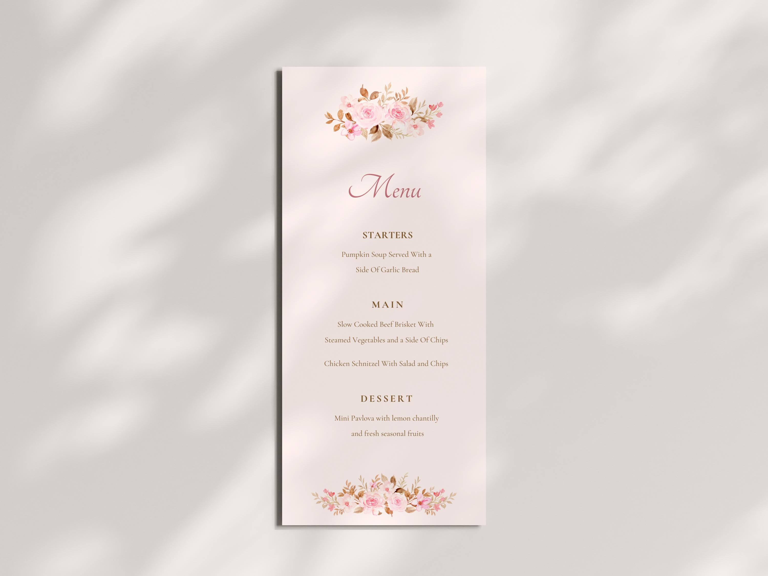 French Roses Menu Template | Printable French Roses Menu Card | Elegant ...