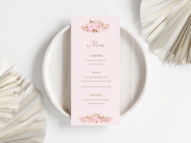 French Roses Menu Template | Printable French Roses Menu Card | Elegant ...