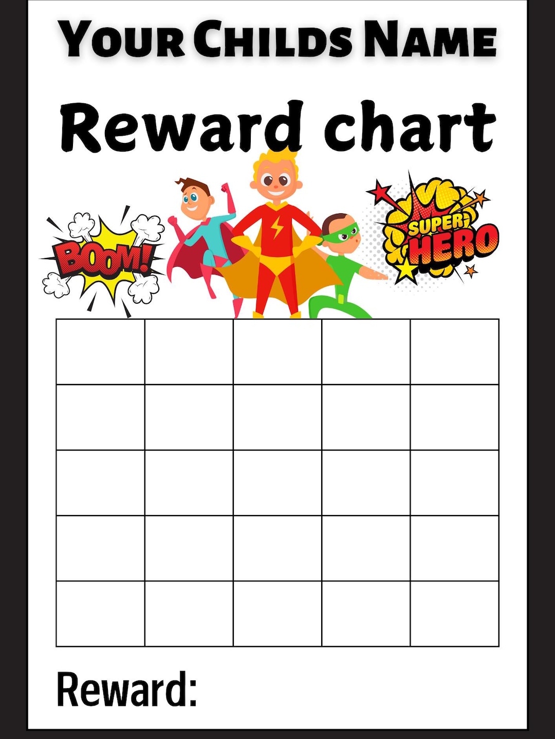 Editable Superhero Reward Chart, Homework Help Chart, Instant Print ...
