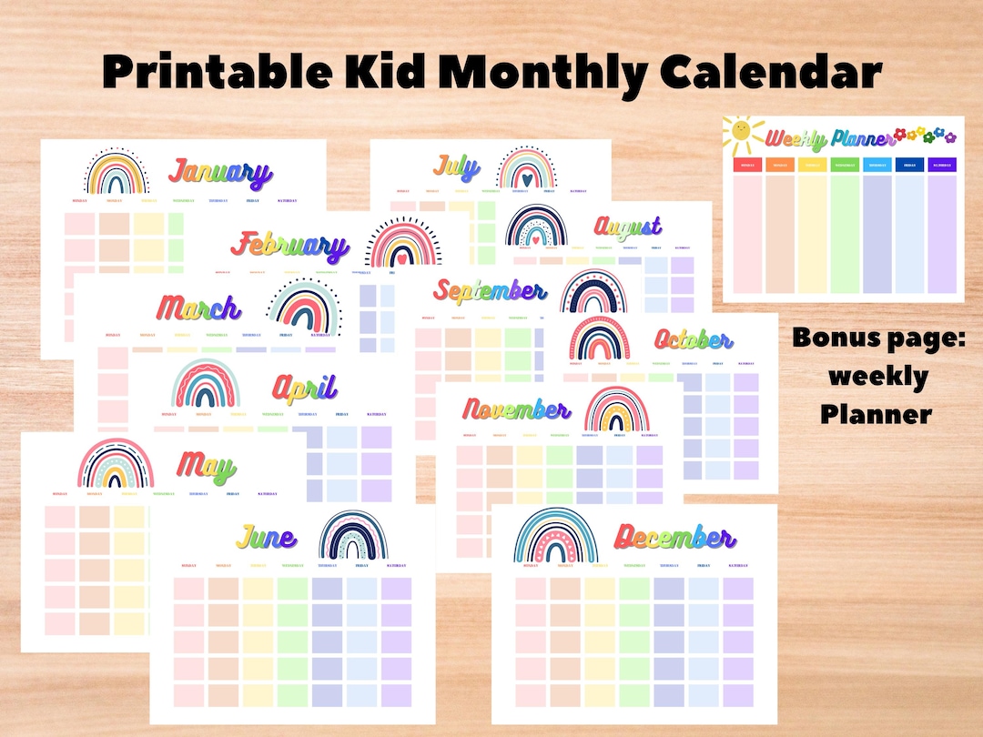 Printable Holiday Calendars for Kids, Homeschool Calendar, Rainbow ...