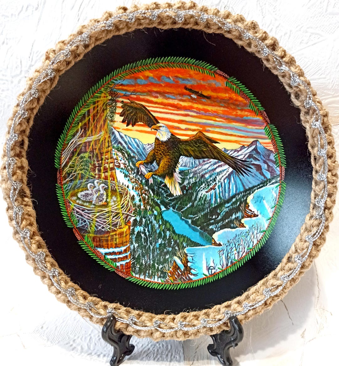 Hand-painted Plate With Bald Eagle: Miniature Art With Knitted Frame ...