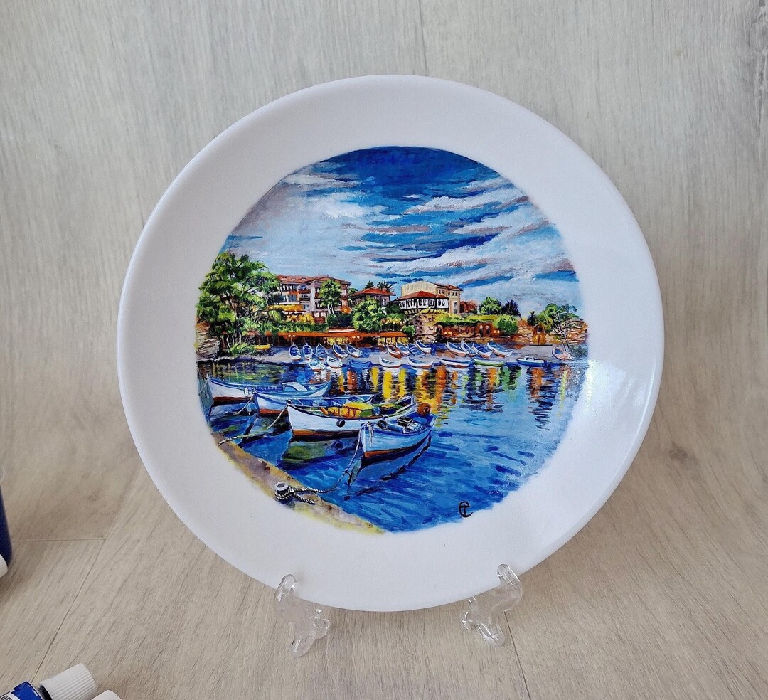 Hand-painted Sea Port Plate With Knitted Frame: Miniature Landscape Art ...