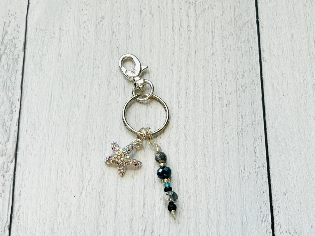 Crystal Starfish Beach Themed Keychain, Beaded Coastal Bag Charm, Ocean ...