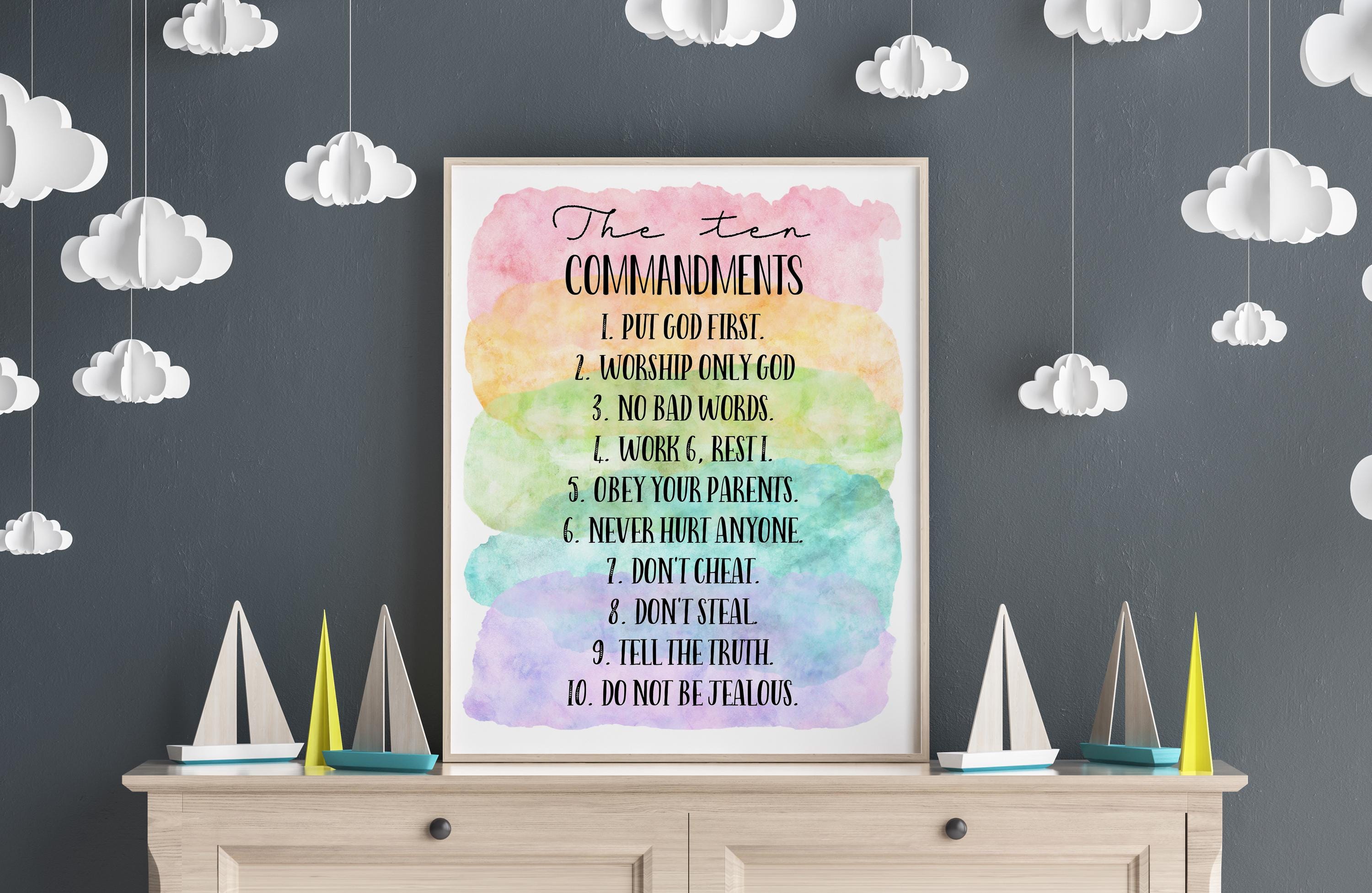 The Ten Commandments, Rainbow Bible Verse Printable Wall Art, Christian ...
