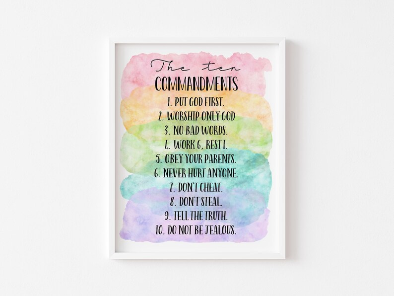 The Ten Commandments, Rainbow Bible Verse Printable Wall Art, Christian ...