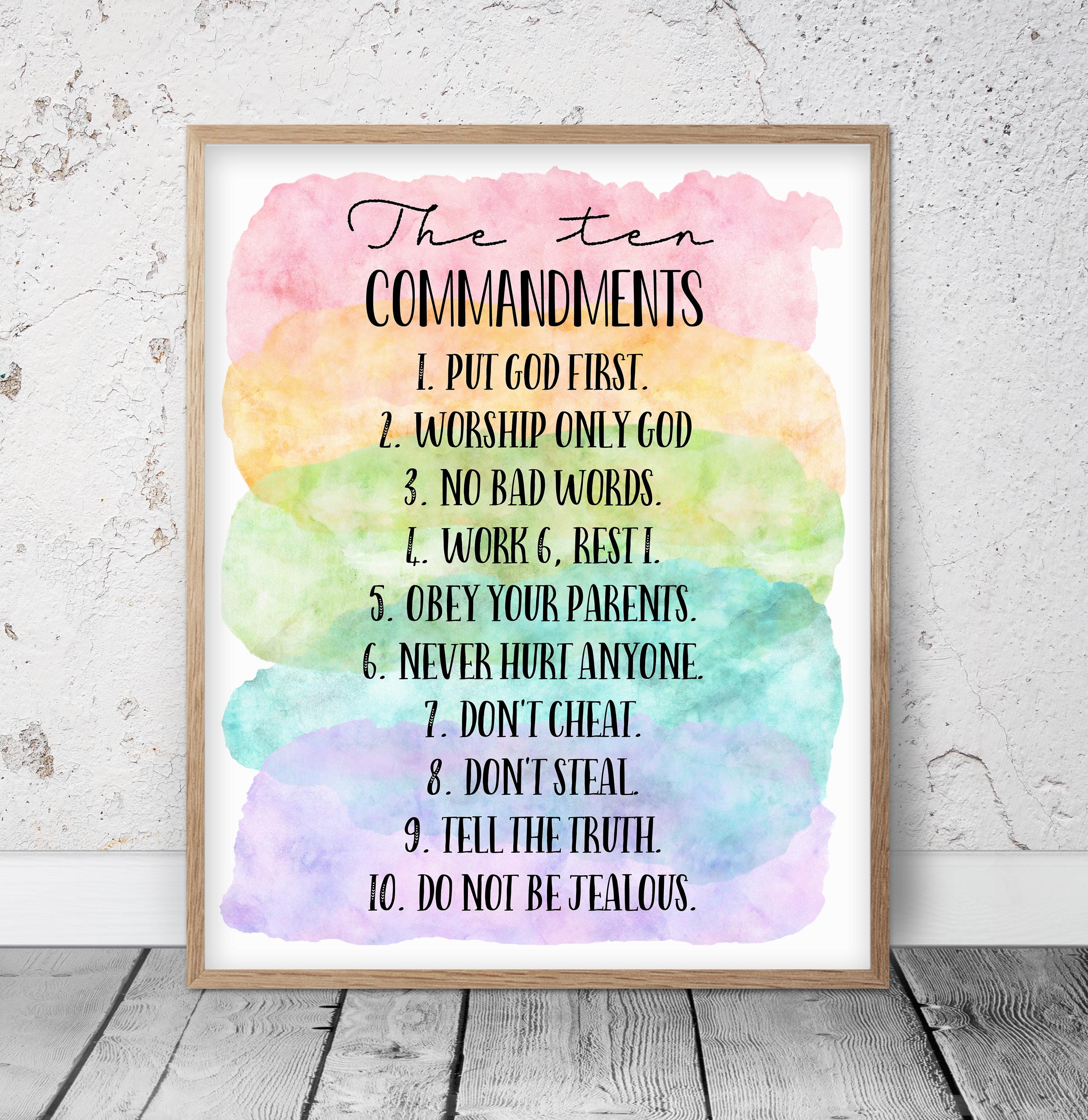 The Ten Commandments, Rainbow Bible Verse Printable Wall Art, Christian ...