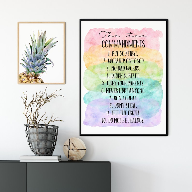 The Ten Commandments, Rainbow Bible Verse Printable Wall Art, Christian ...