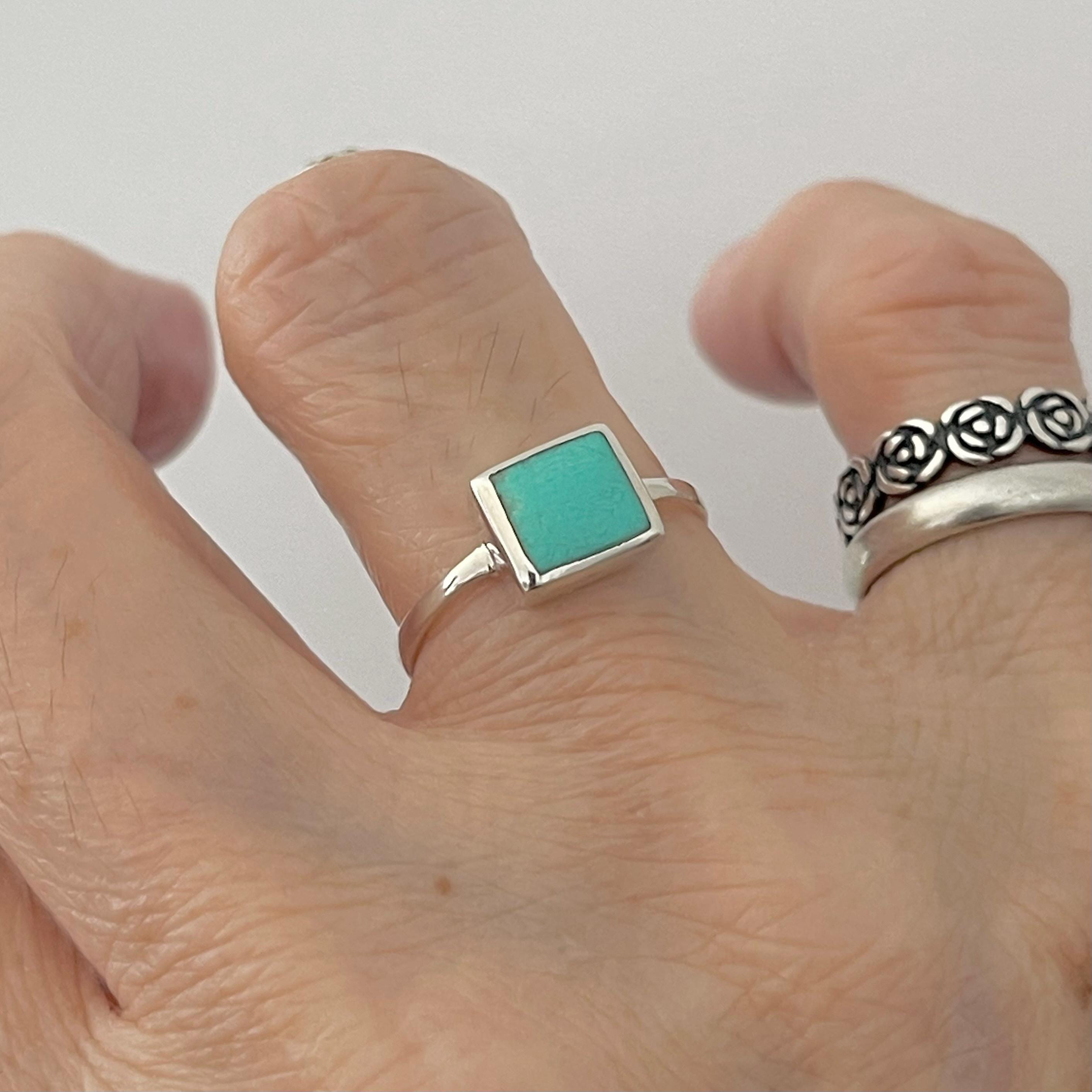Dainty Sterling Silver Ring: Square Synthetic Turquoise Stone - Etsy