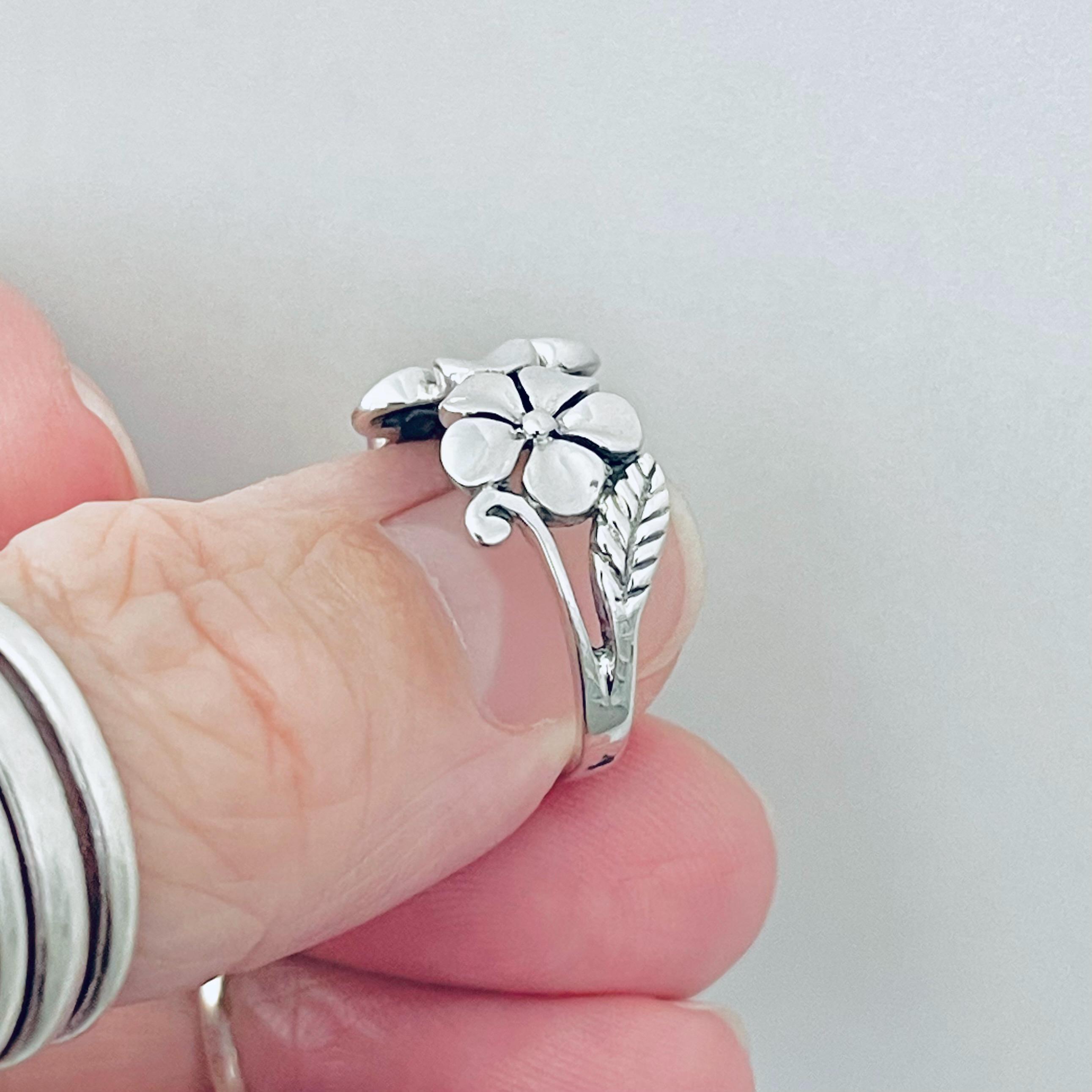Sterling Silver Triple Plumeria Ring With Leaf, Hawaii Lei Ring, Silver ...
