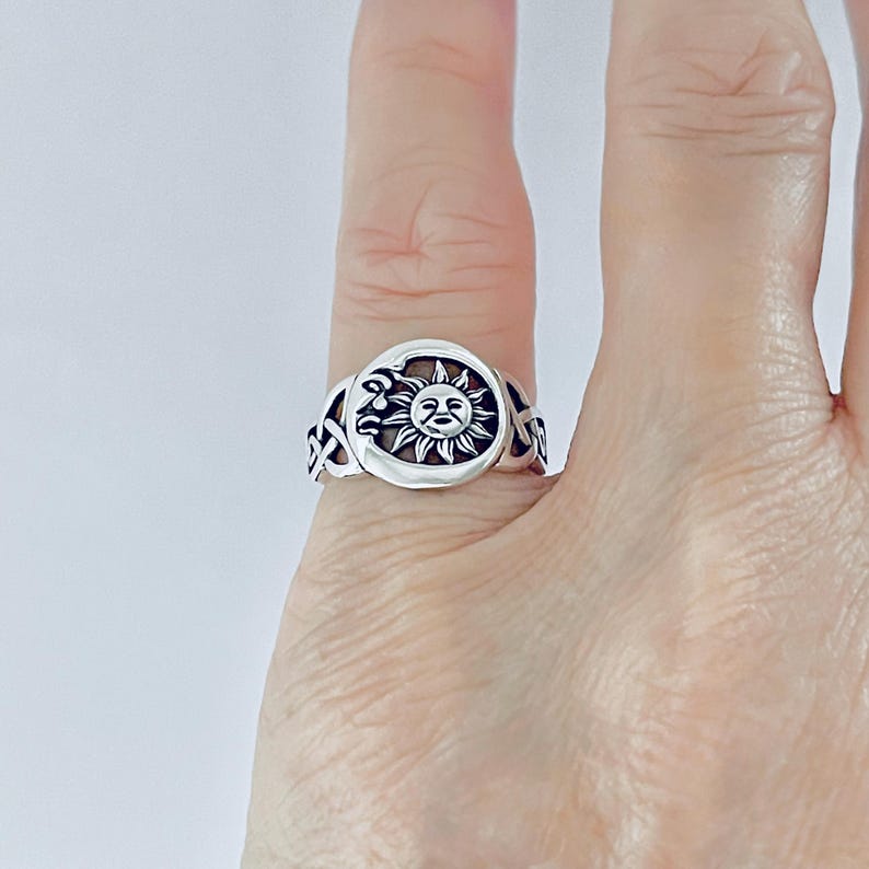 Sterling Silver Moon and Sun Face Ring With Celtic: Celestial Statement ...