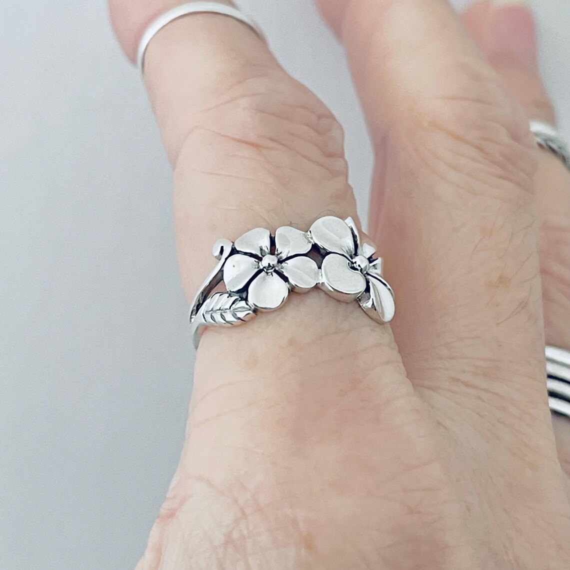Sterling Silver Triple Plumeria Ring With Leaf, Hawaii Lei Jewelry ...
