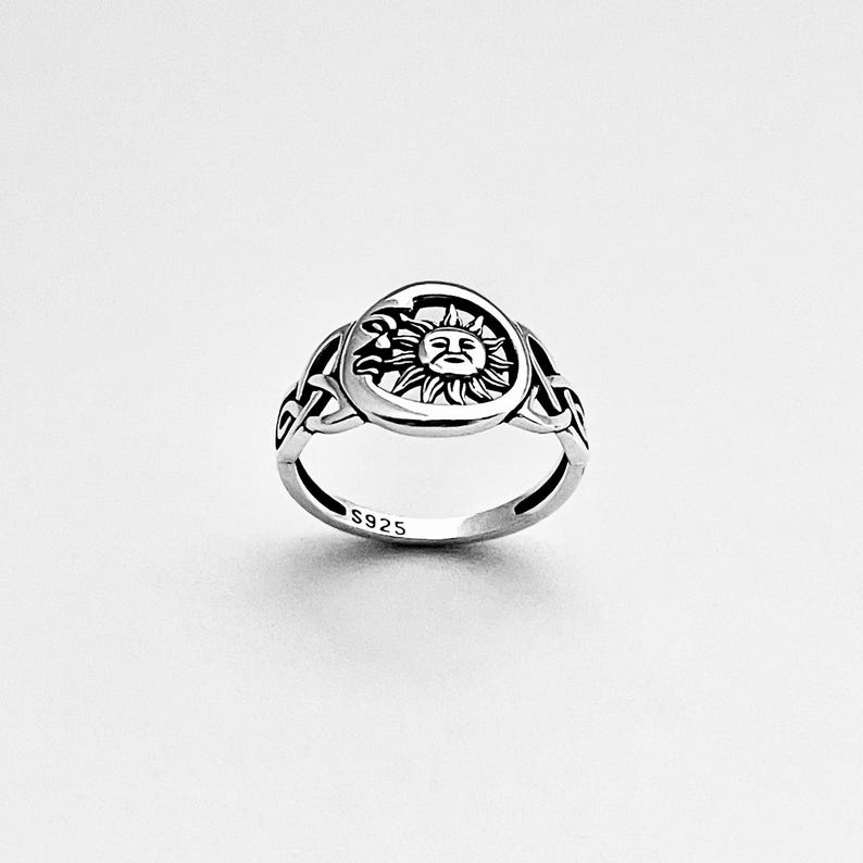 Sterling Silver Moon and Sun Face Ring With Celtic: Celestial Statement ...