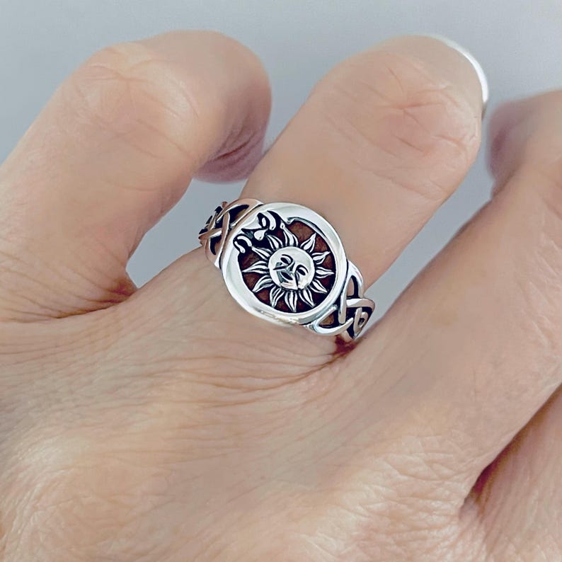 Sterling Silver Moon and Sun Face Ring With Celtic: Celestial Statement ...