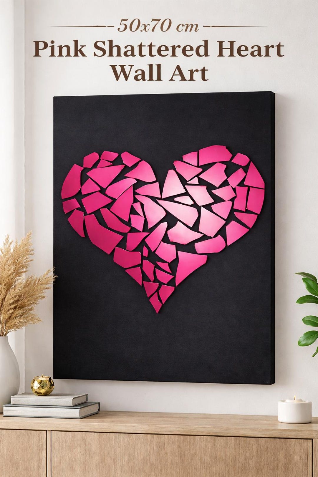 Large Shattered Heart Mosaic Wall Art - Pink Plexiglass Shards on Black ...