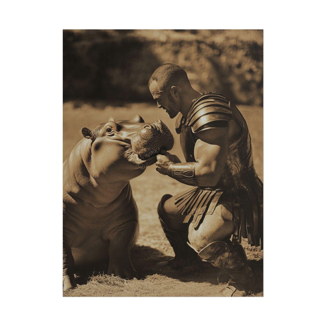 Vintage Hippo & Gladiator Rolled Poster, Unique Wall Art, Home Decor ...