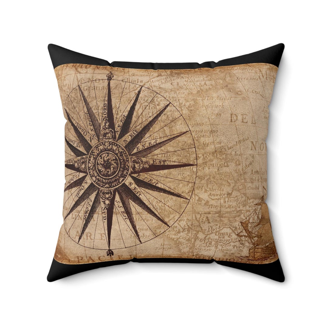 Vintage Compass and Map Throw Pillow, Nautical Home Decor, Rustic ...